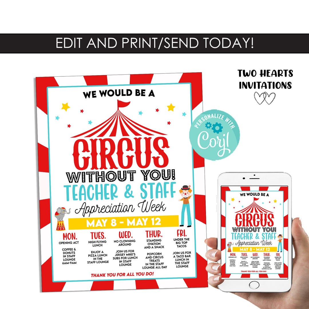 Circus Teacher Appreciation Flyer Template EDITABLE Digital 8.5x11 ...
