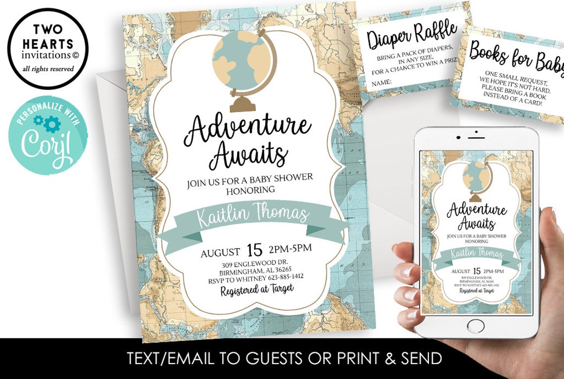 Editable Adventure Awaits Baby Shower Invite Invitation World Map 5x7 ...