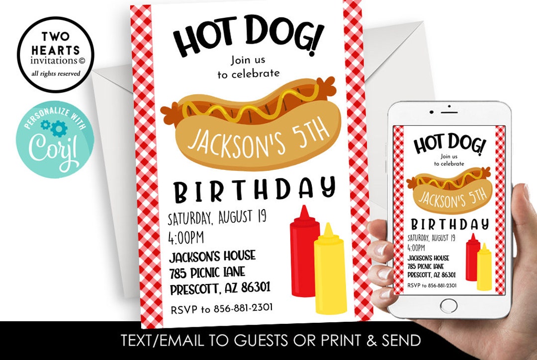 Editable Hot Dog Birthday Invitation Invite Party Kids Digital 5x7 ...