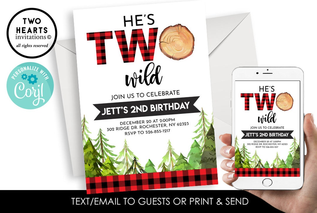 Editable Two Wild Lumberjack Invitation Invite Plaid Kids 2nd Second ...