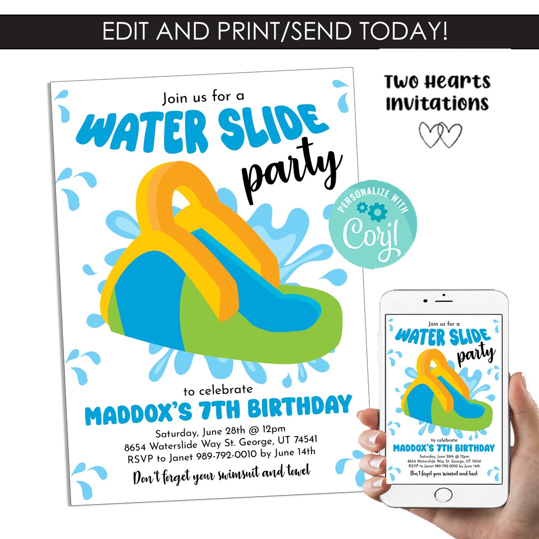 Editable Water Slide Birthday Invitation 5x7 Instant Download Template ...
