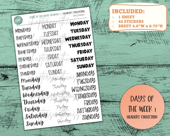 Days of the Week Headers 1 HEADERS COLLECTION Planner and - Etsy