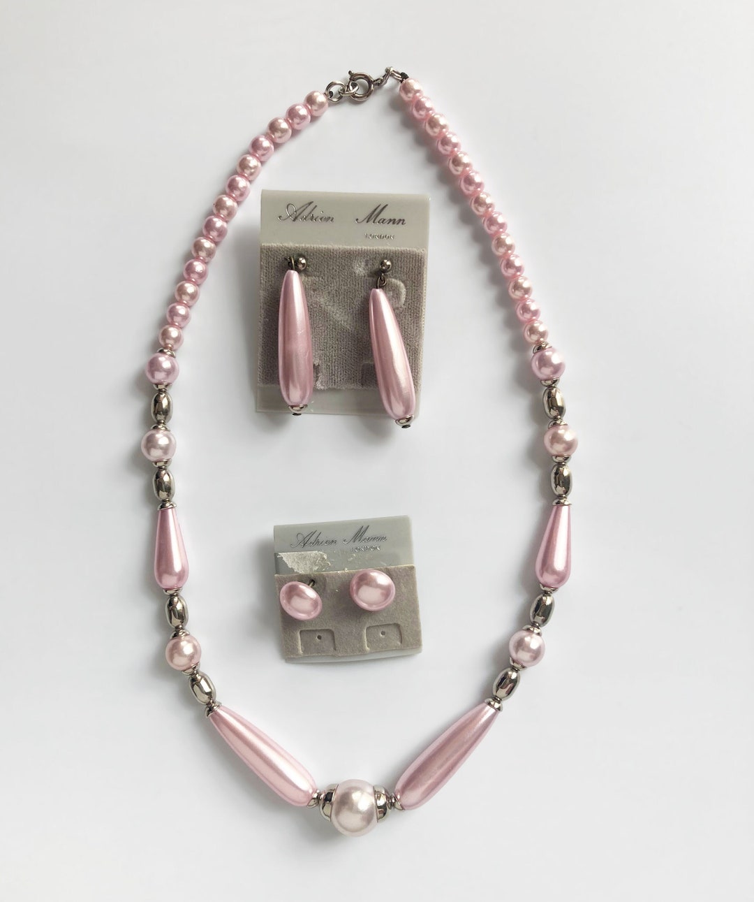 Vintage Pearl Necklace & Earrings Set, Single Strand Pink Pearls With ...