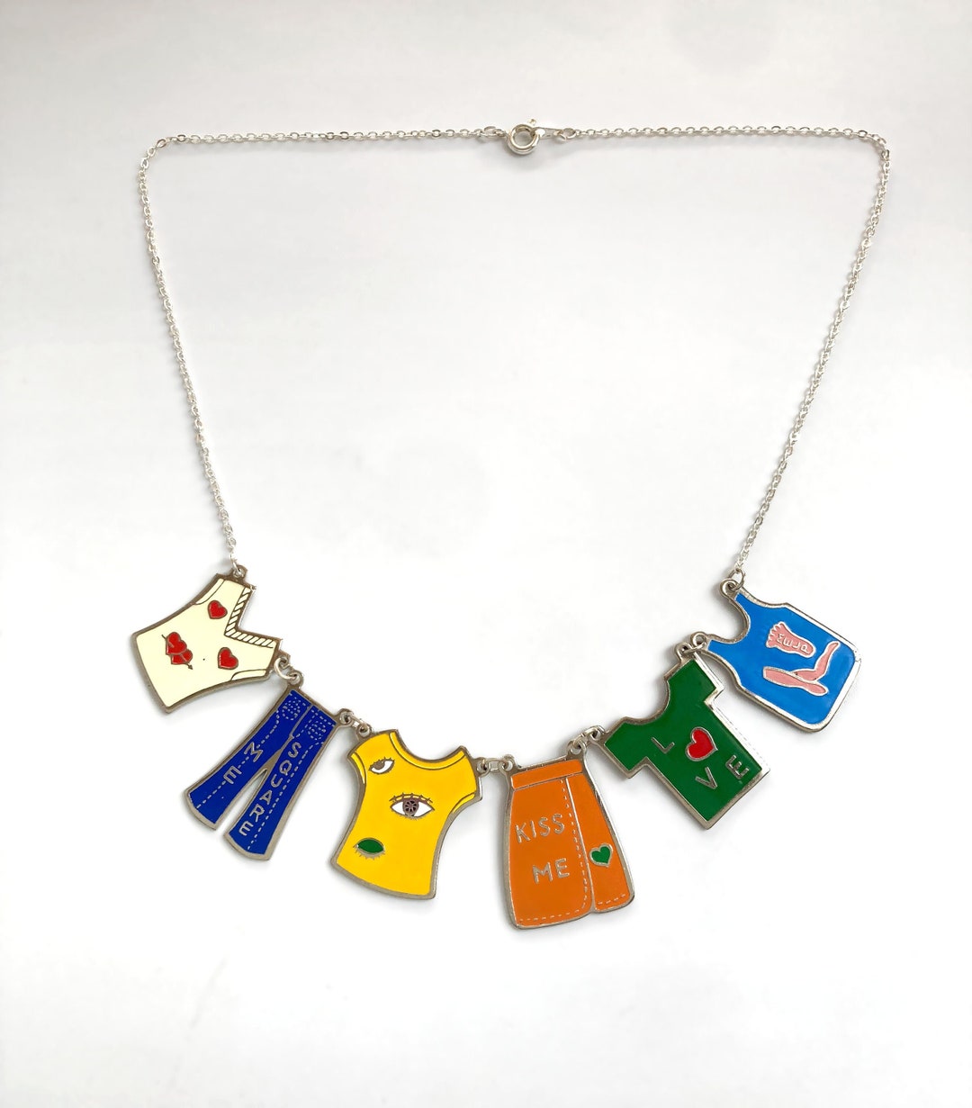 Clothes Line Necklace, Cute 1970s Vintage Charm Necklace, Silver Plated ...