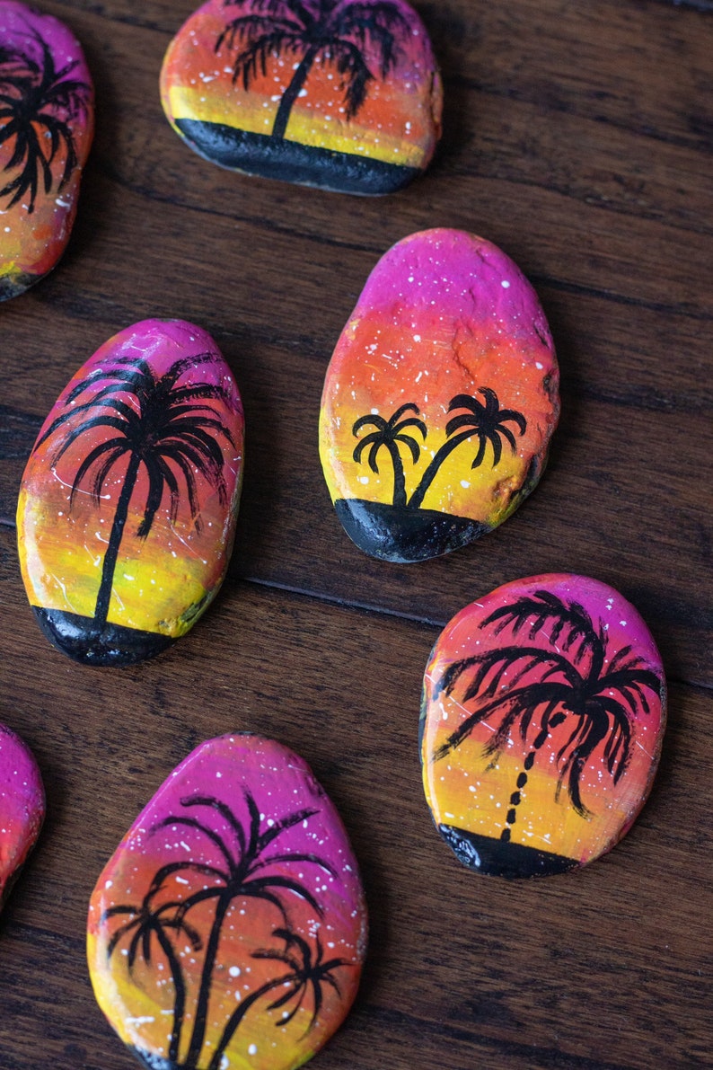 Painted Rocks Palm Trees Silhouette Beach Decor Sunset Sunrise - Etsy ...