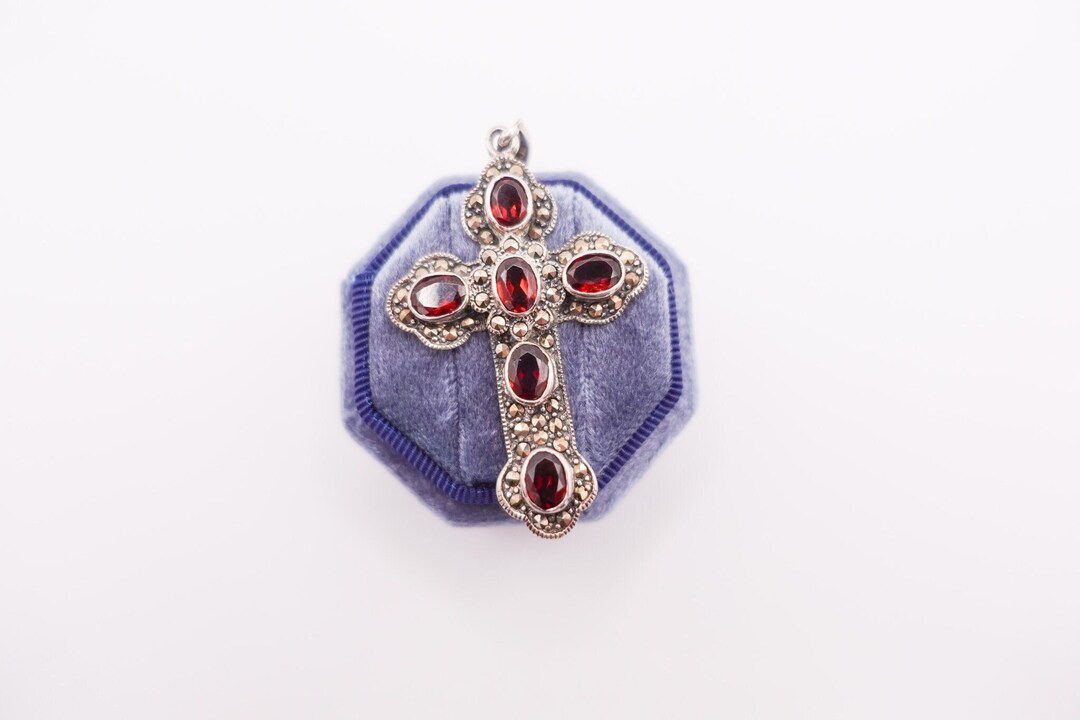 Vintage Sterling Silver Garnet and Marcasite Cross Pendant // Huge ...