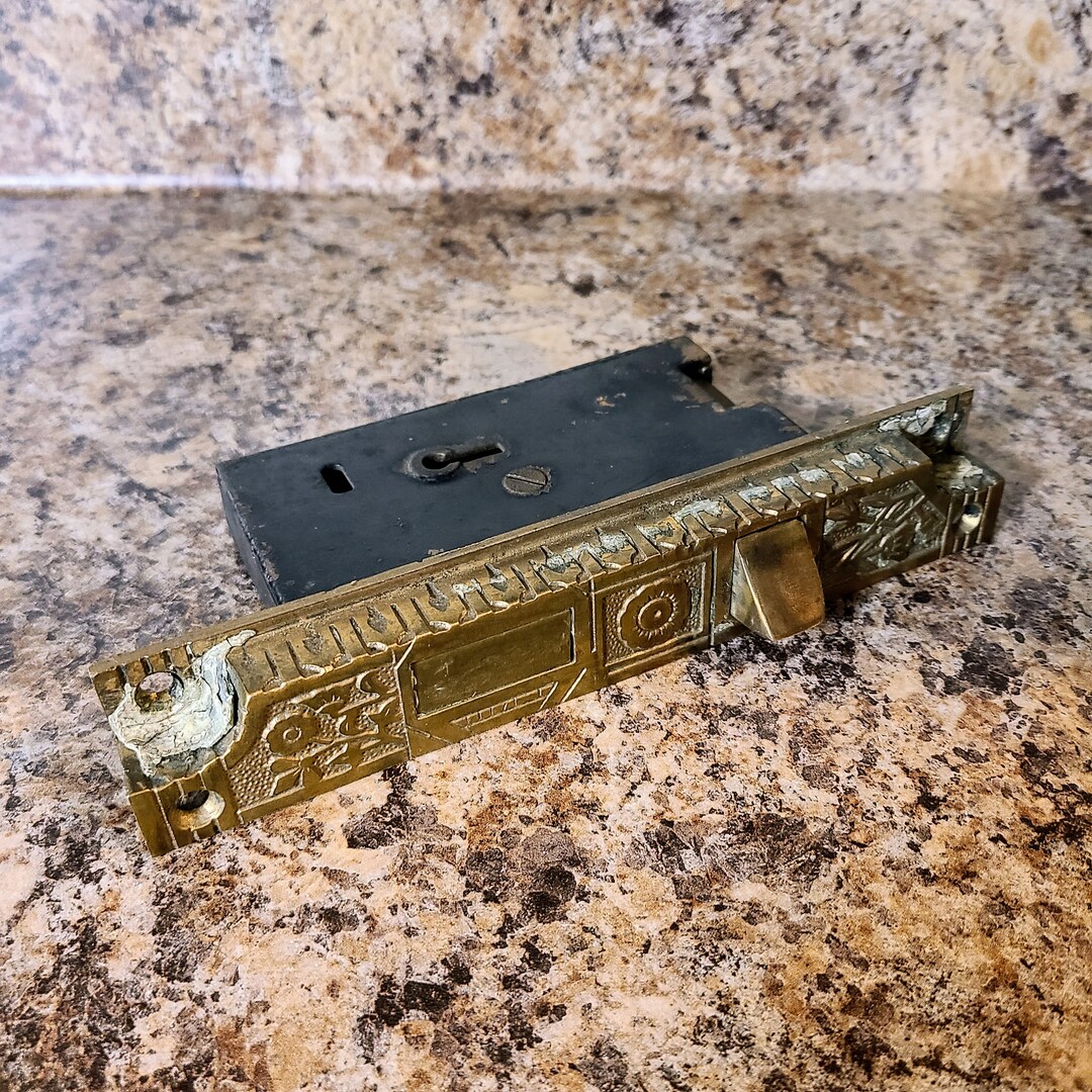 Antique Brass Rabbeted Mortise Lock Set, Thumblatch Hub Opener, Circa ...