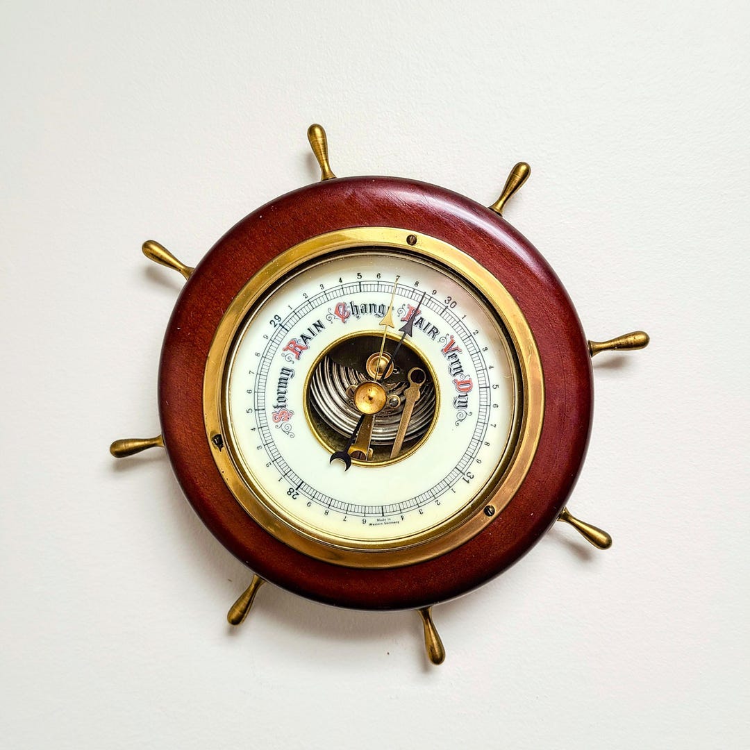 1950s Nautical Wood & Porcelain Barometer, Ship's Wheel Barometer, Made ...