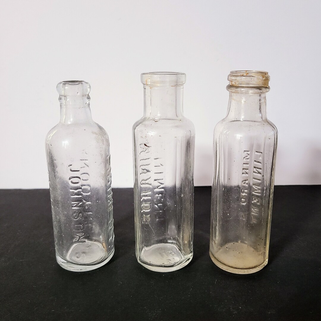 Three Antique Glass Liniment Bottles, Minard's Liniment and Johnsons ...