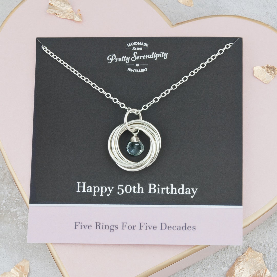 50th Birthday Birthstone Necklace - 50th Birthday Gift - 5 Rings for 5 ...