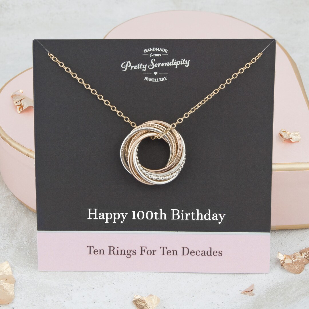 100th Birthday Necklace - 100th Birthday Gift - 10 Rings for 10 Decades ...