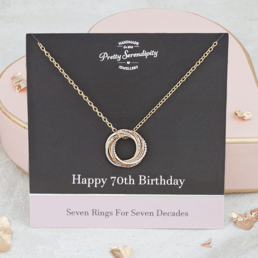 Mini 70th Birthday Necklace - 70th Birthday Gifts for Her - 7 Rings for ...
