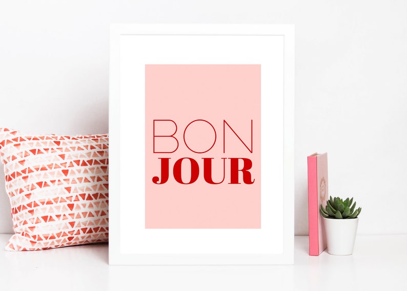 Bonjour French Quote PrintFrench WordsQuote Wall PrintPink | Etsy