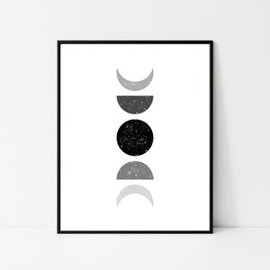 Grayscale Moon Phases Printable Art, Black Lunar Instant Download, Moon ...