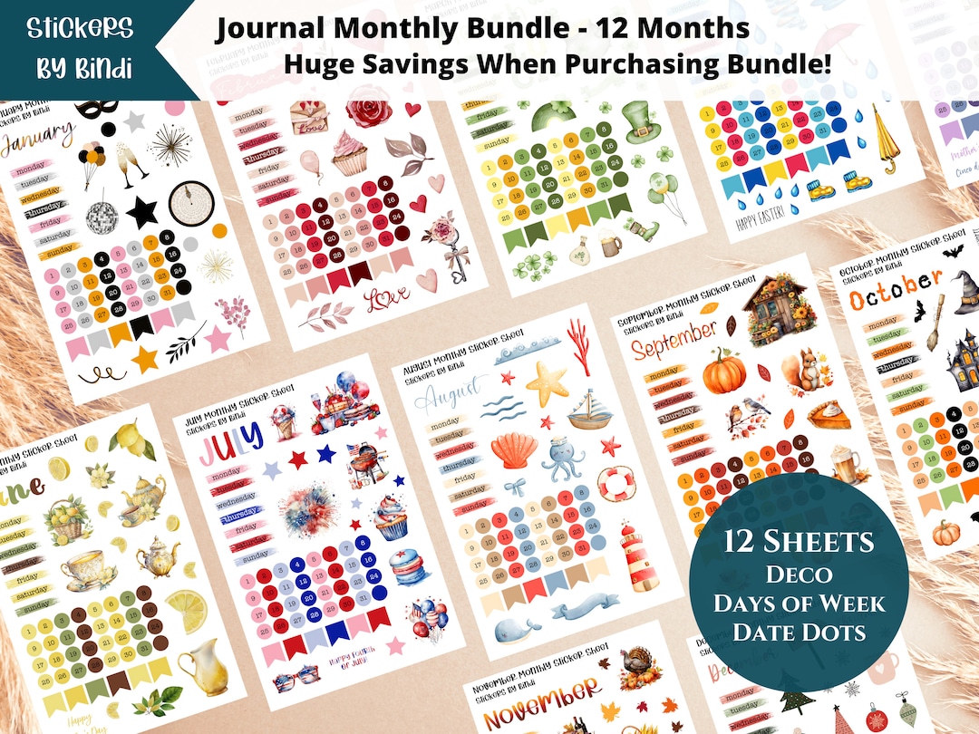 Bullet Journal Monthly Kit Sticker Bundle | 12 Monthly Kit Sheets for ...