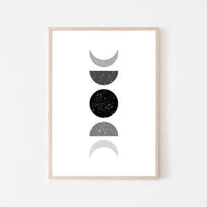 Grayscale Moon Phases Printable Art, Black Lunar Instant Download, Moon ...