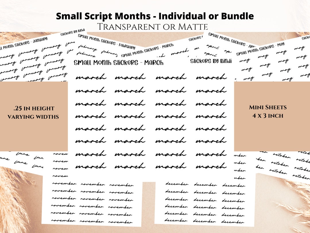 Small Month Cursive Stickers - Mini Sheet | Month Planner Stickers ...