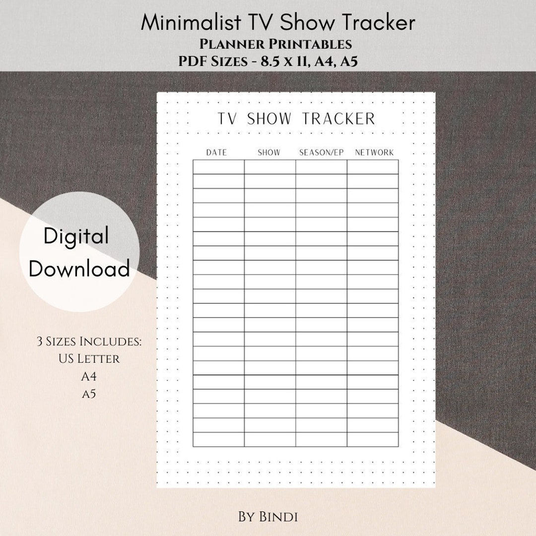 Minimalist TV Show Tracker Printable | US Letter, A4 and A5 Size ...