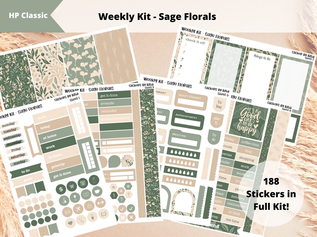 Weekly Kit Planner Stickers - Sage Florals | Vertical Layout | Boho ...