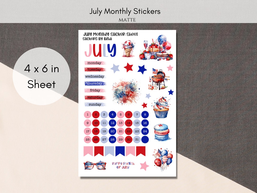 July Monthly Sticker Sheet | Independence Planner Stickers | 4th July ...