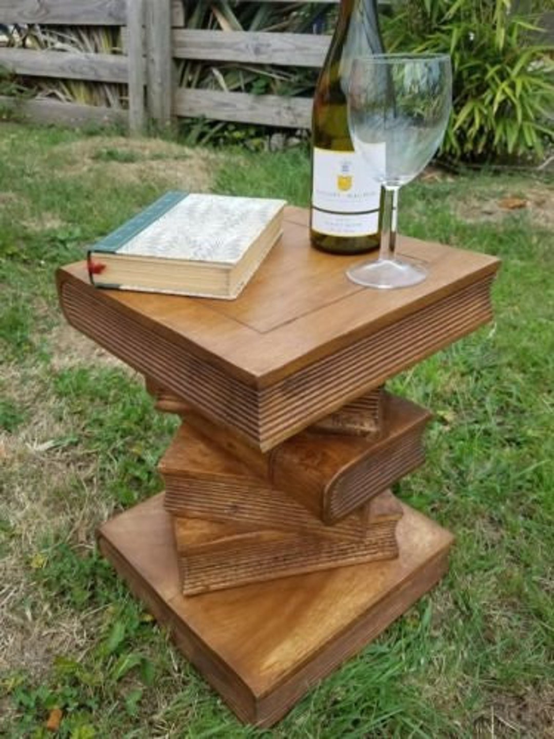 Book Stack Table 16"-waxed Finish, Hand Carved, Solid Wood, Side Table ...