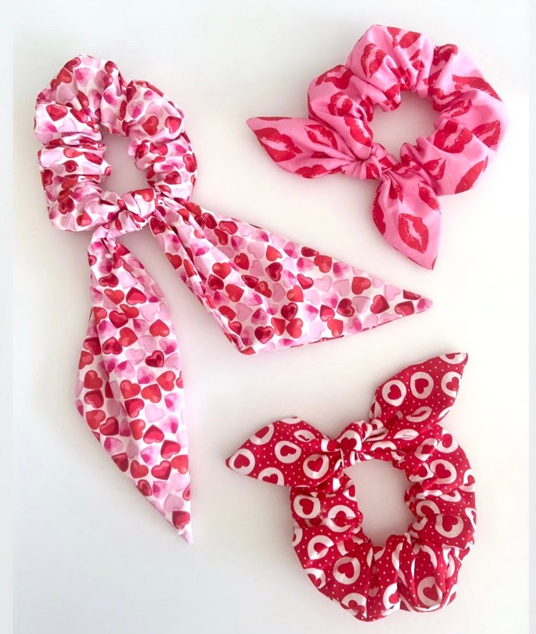 Valentines Day Hair Scrunchie Heart Print Bow and Scarf Scrunchie Pink ...