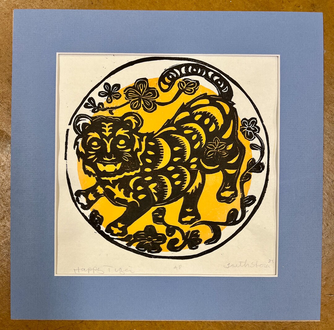 Happy Tiger, Tiger Woodblock - Etsy