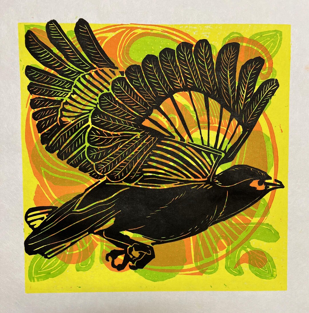Flying Mynah Woodblock Print: Hawaiian Art, Ulu Design (12x12 Inch) - Etsy