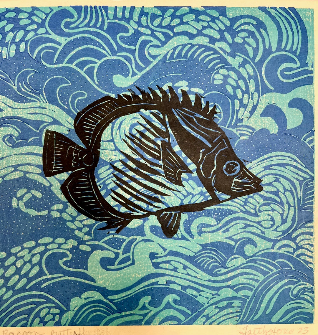 Raccoon Butterfly Fish, Woodblock Fish Print - Etsy