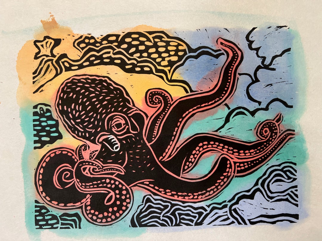 Octopus Dream, Ocotups Woodblock, Hand Carved Octopus, Hand Printed ...