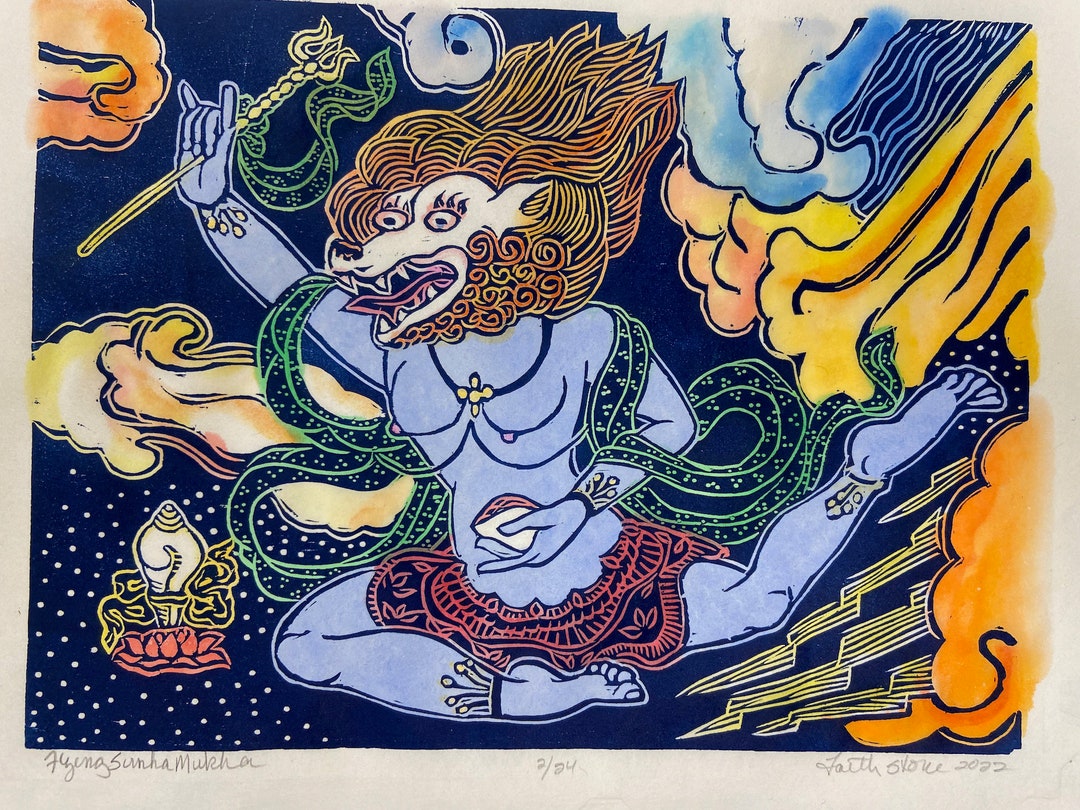 Simhamukha Woodblock Print: Lion-faced Dakini Protector Goddess - Etsy