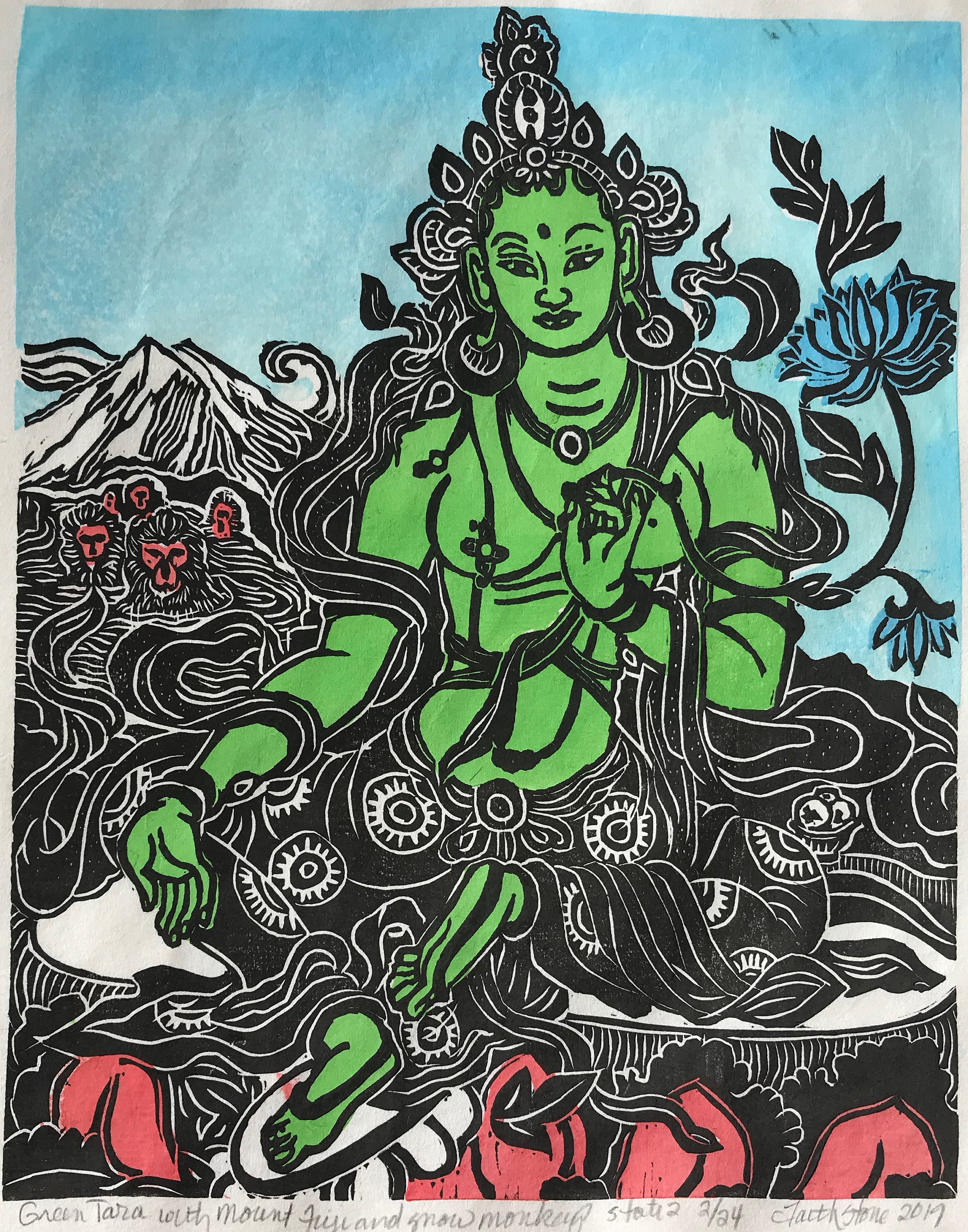 Green Tara with Mount Fuji and snow monkeys, Green Tara, Mount Fuji ...
