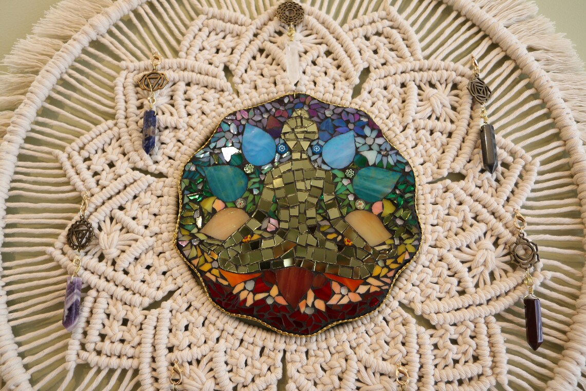 Macrame Mandala: Mosaic Yoga Pose, Chakra Crystals Wall Art - Etsy