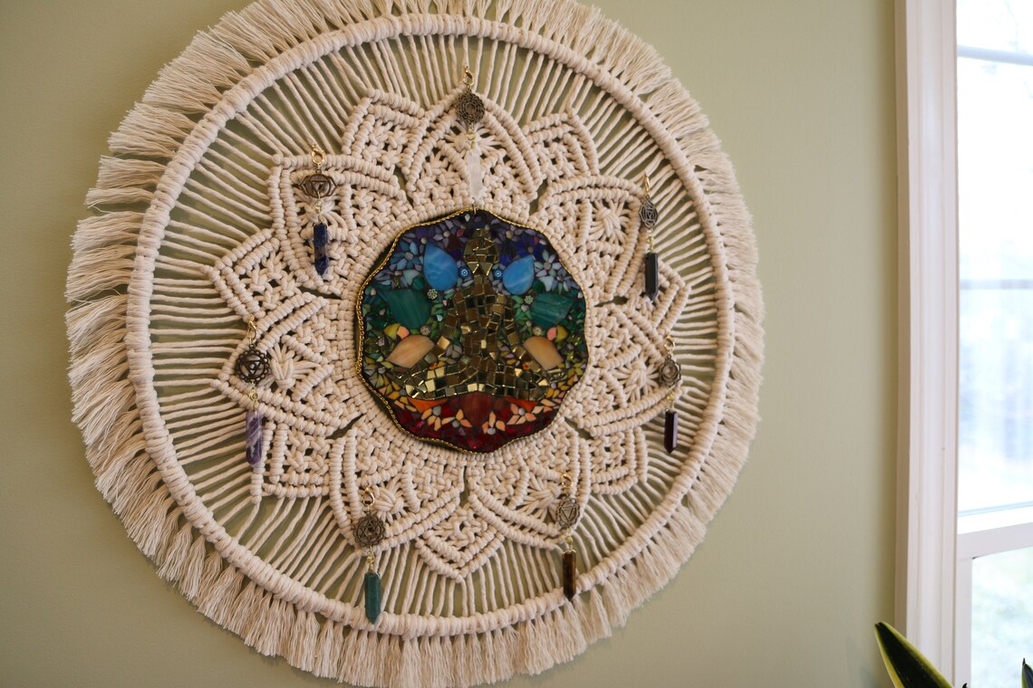 Macrame Mandala: Mosaic Yoga Pose, Chakra Crystals Wall Art - Etsy