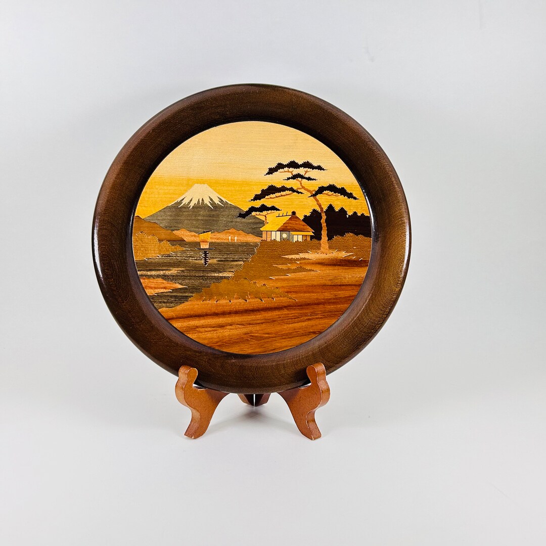Vintage Japanese Inlaid Wooden Wall Hanging Decor Plate Traditional ...