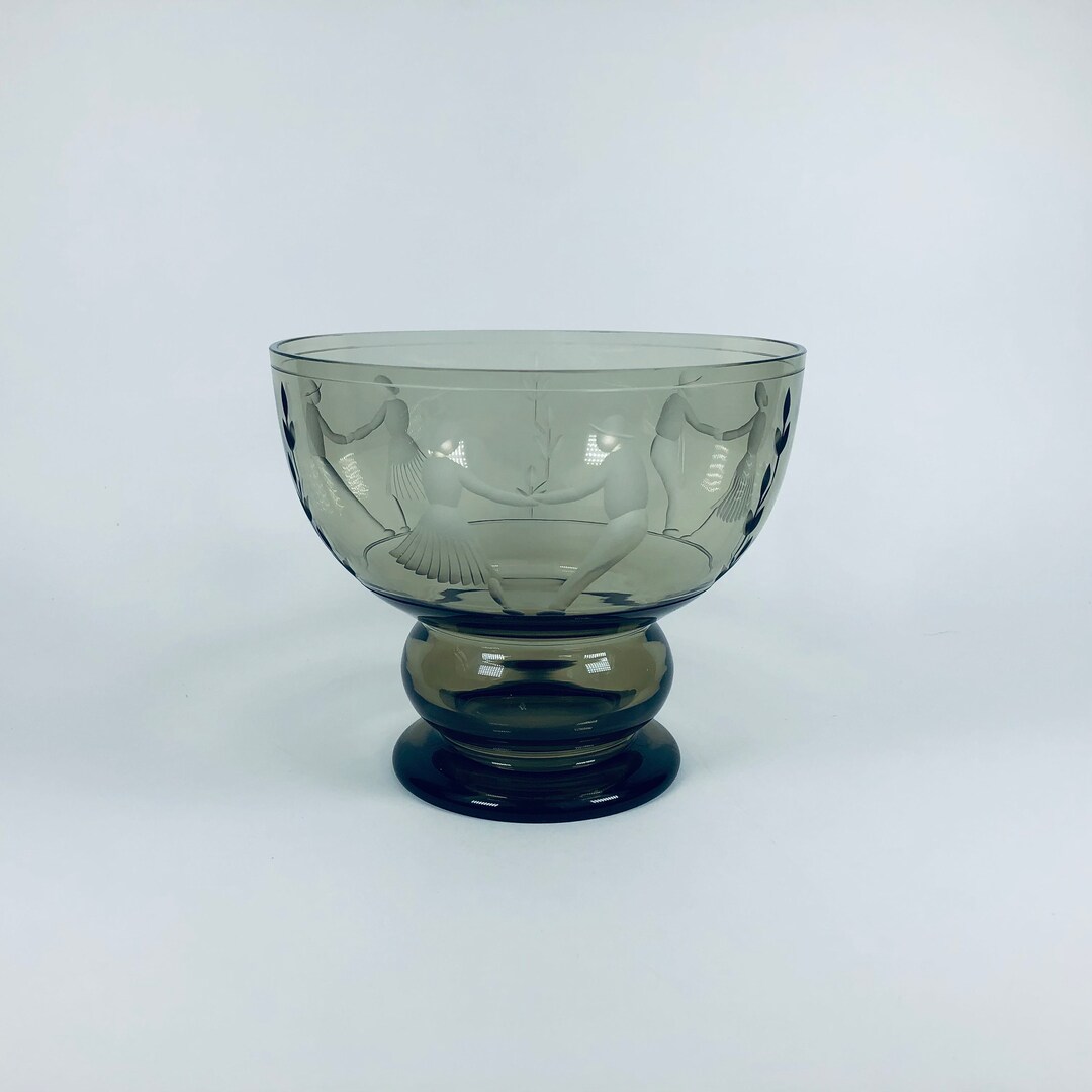Vintage MCM Karhula Smoke Brown Glass Pedestal Bowl - Etched Cut Glass ...