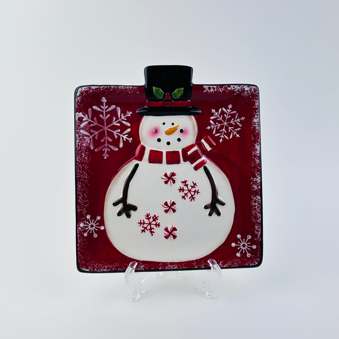 Vintage Retro Christmas Snowman Ceramic Square Tray Candy Trinket Dish ...