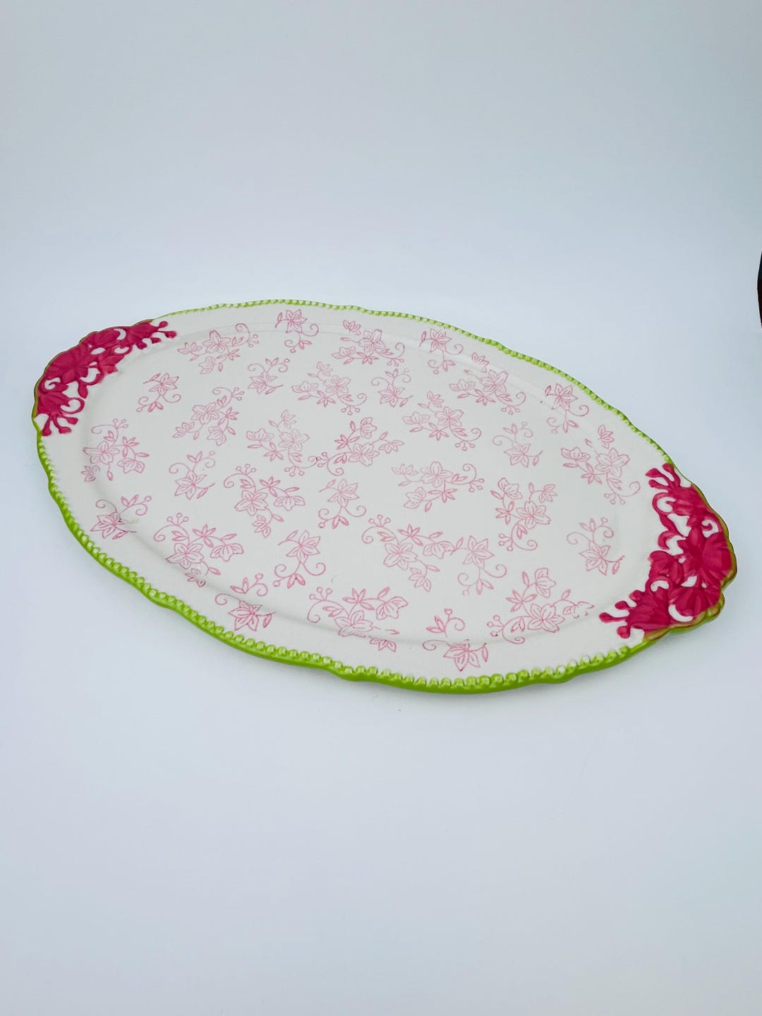Temptations Floral Lace Green Pink Ceramic Oval Tray Serving Platter ...