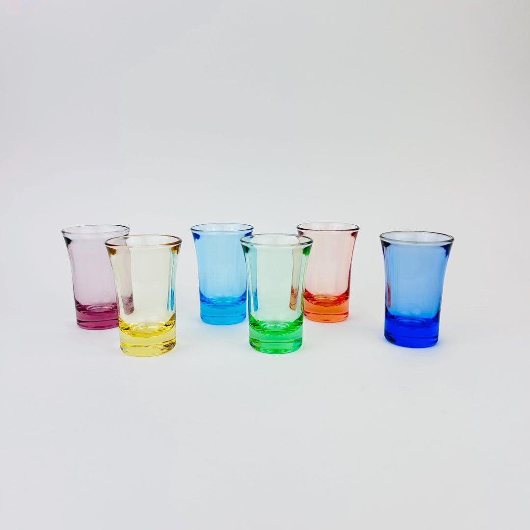 Multi Colored Cordial Shot Glasses Set of 6 ~ Stemless Short Stem Vodka ...
