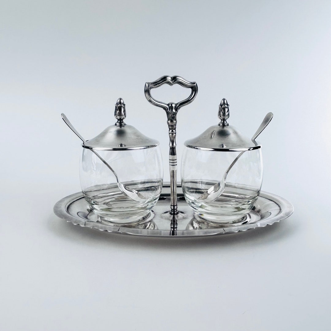 Vintage Silver Plate Jelly Jam Jar Set With Spoons and Tray by Oneida ...