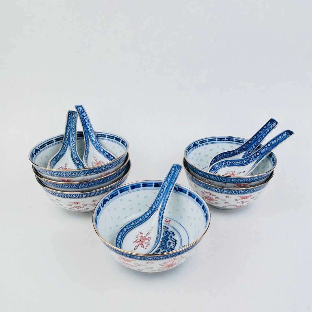 Old Chinese Porcelain Rice Bowls & Spoons Set of 6 Blue and White Rice ...