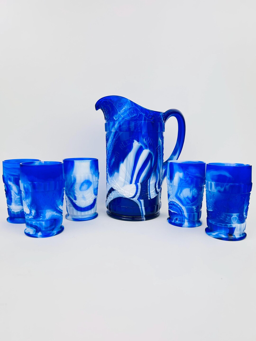 Blue Slag Glass Pitcher and Tumbler Set by L.G. Wright Co. ~ God Bless ...