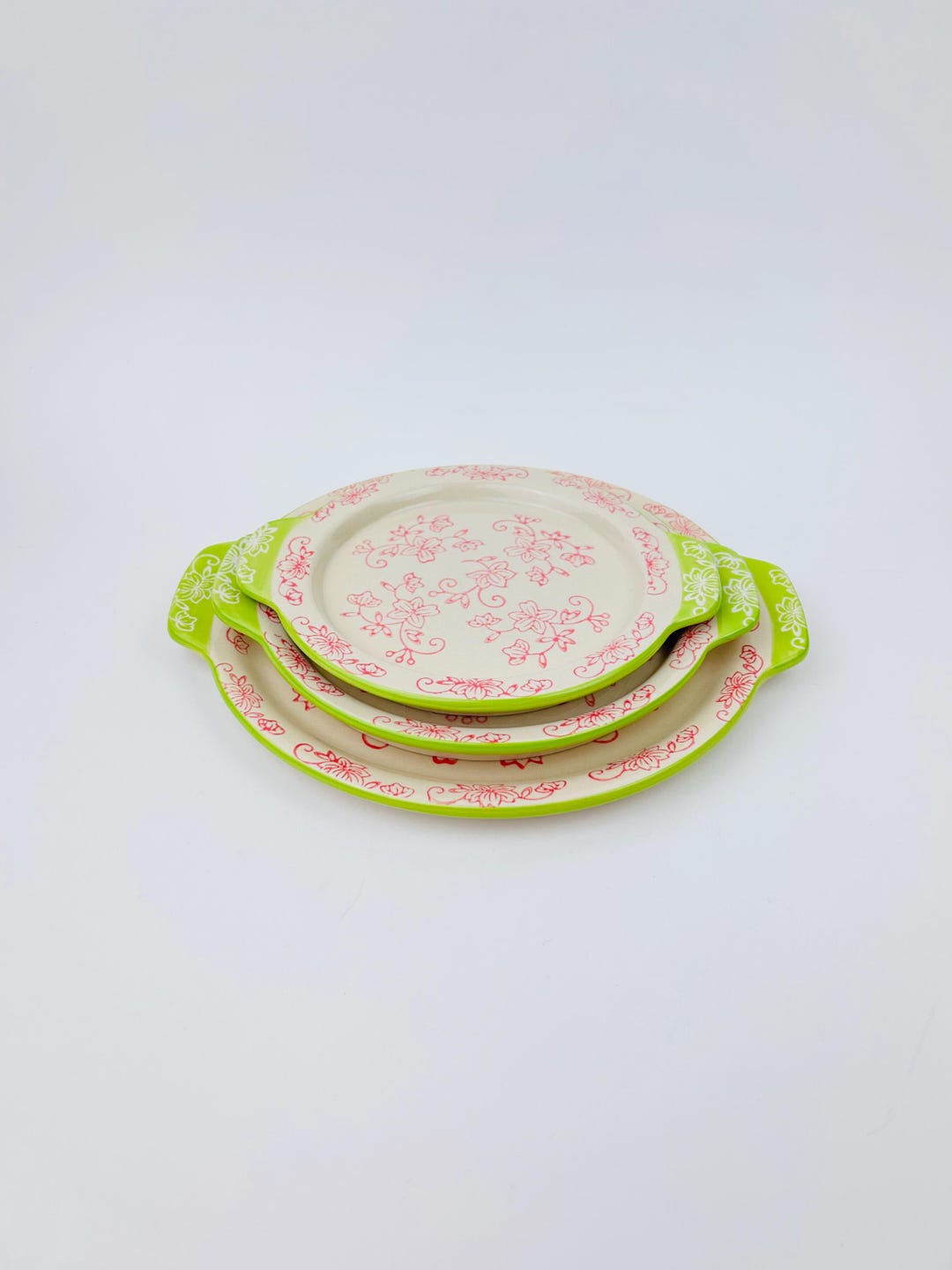 Temptations Floral Lace Green Pink Nesting Trays Plates Trivets Set of ...