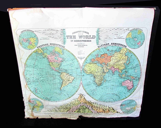 Antique Pull Down Map of World in Hemispheres Atlas School Supply 1910s ...