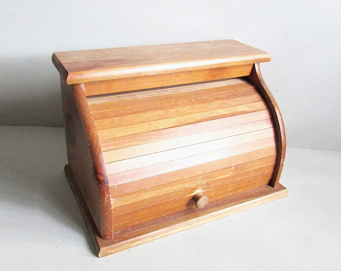 1980s Vintage Oak Wood Country Roll Top Style Bread Box Rustic ...