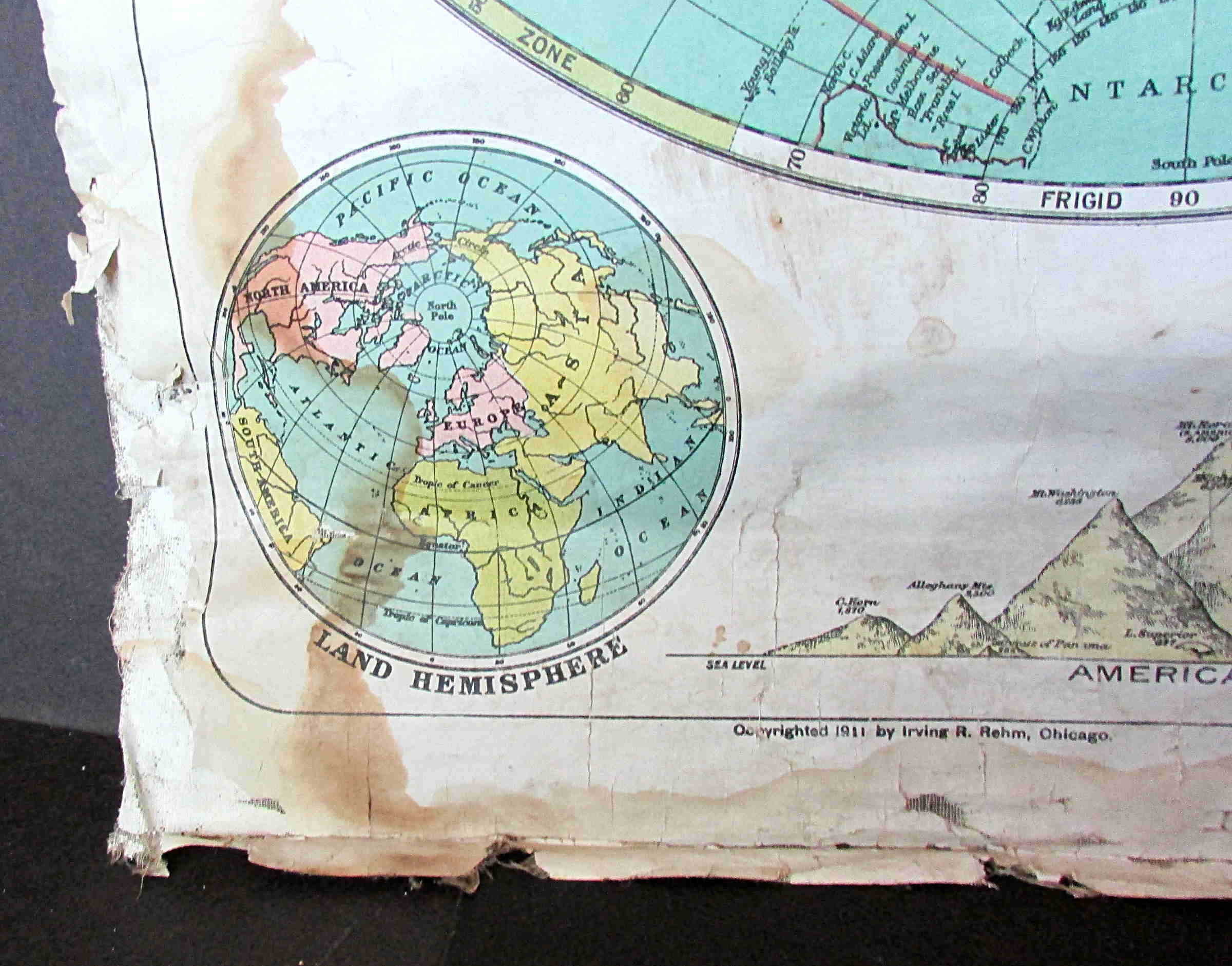 Antique Pull Down Map of World in Hemispheres Atlas School - Etsy