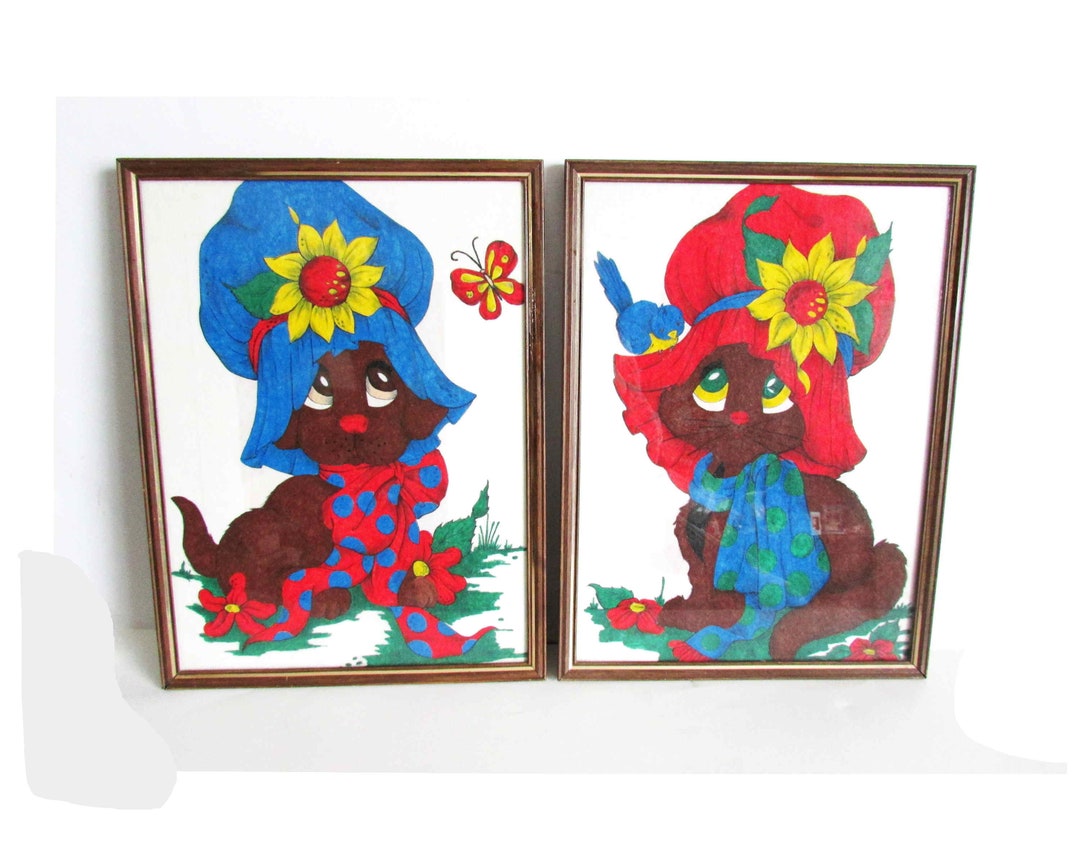 1950s Big Eyes Pair Kitsch Hand Painted Puppy Cat in Bonnets on Fabric ...