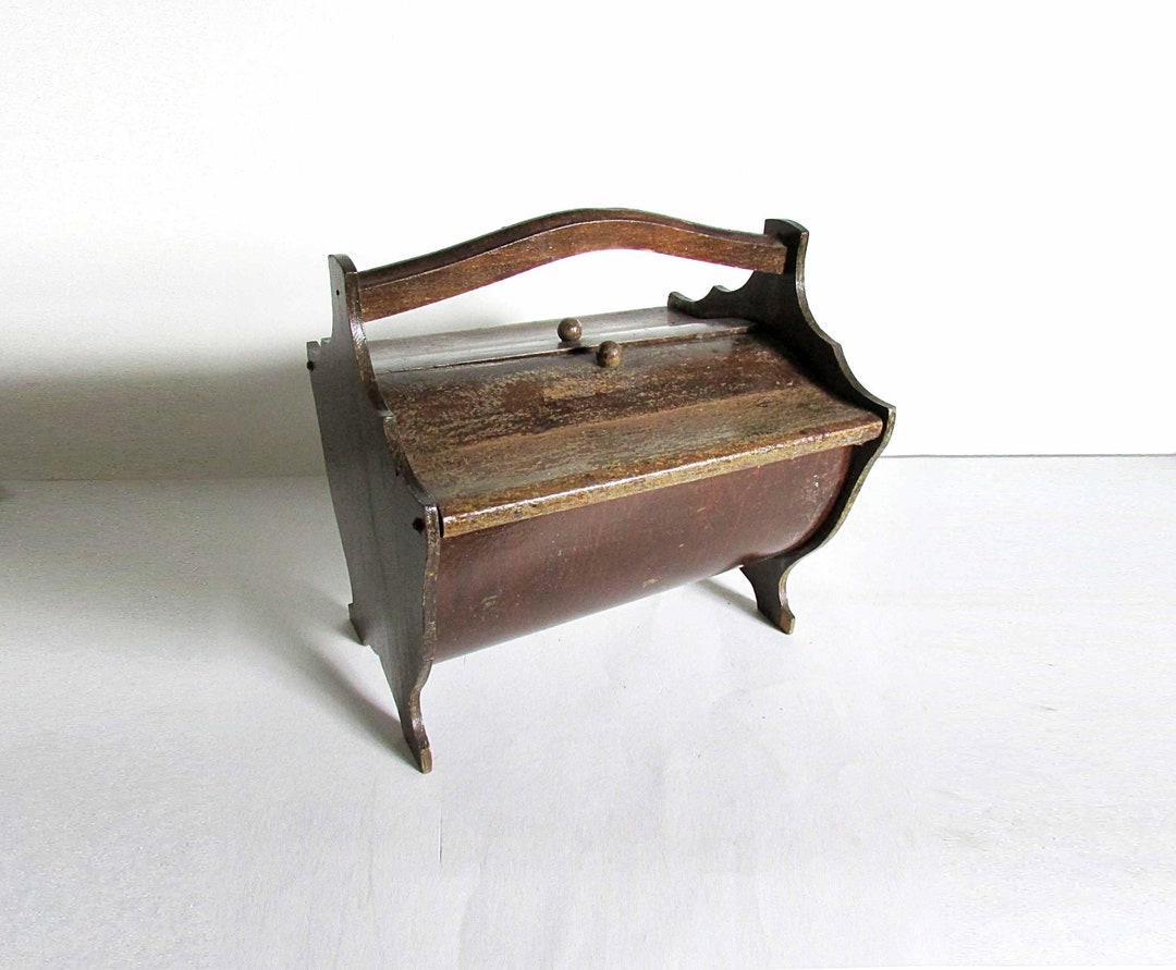 Vintage Primitive Colonial Wood Sewing Box Basket Caddy, Double Hinged ...
