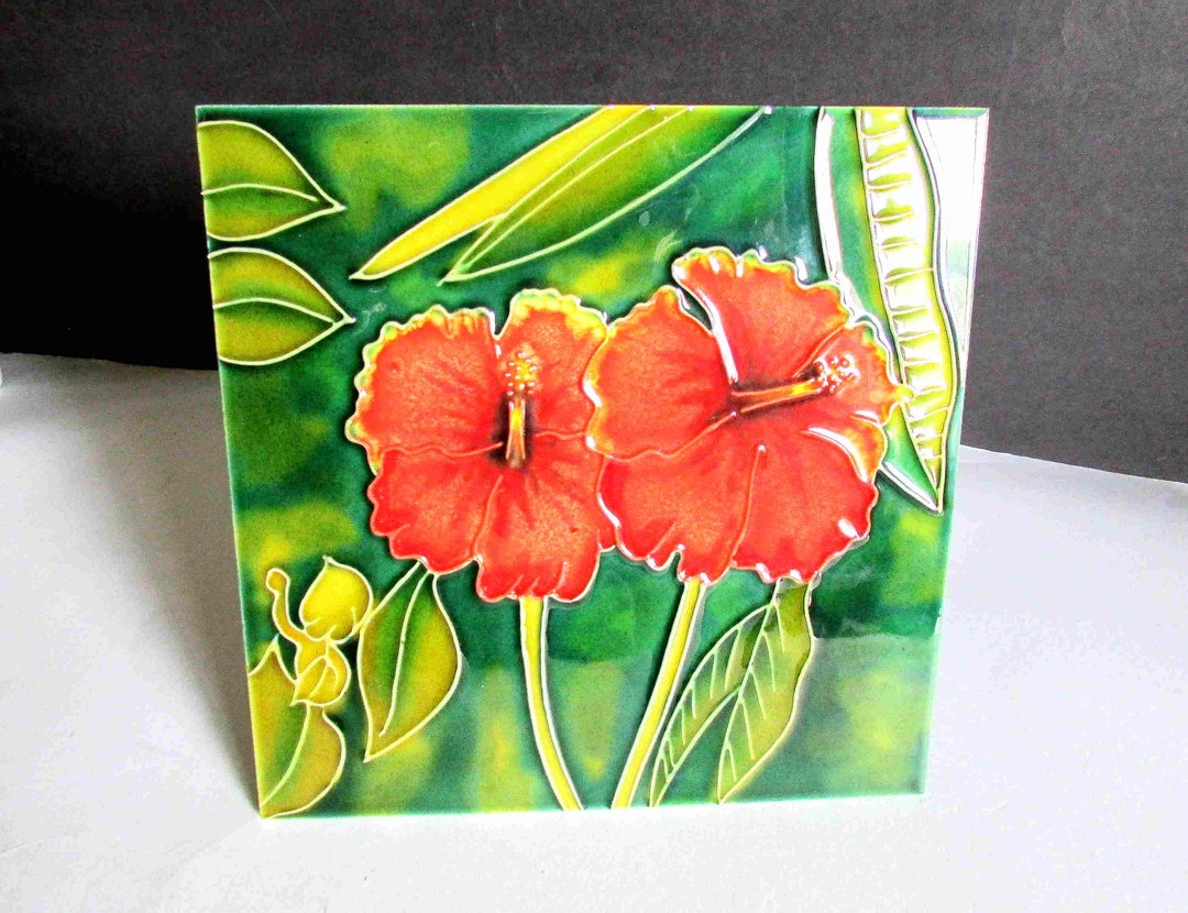 Glossy Red Hibiscus Flower Ceramic Wall Art Tile With Easel 6" Square ...