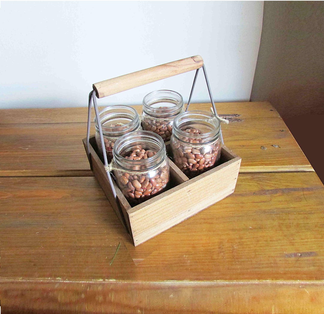 Natural Wooden Utensil Caddy Tray With Mason Jars Display Set 7.5 X 7.5 ...